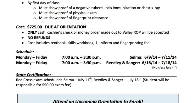 Valley ROP Summer 2014 Adult Certified Nurse Assistant Courses ...
