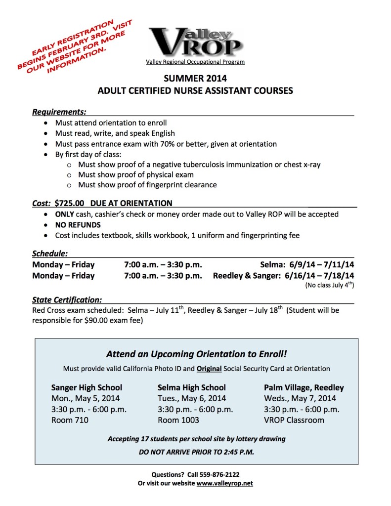Valley ROP Summer 2014 Adult Certified Nurse Assistant Courses ...