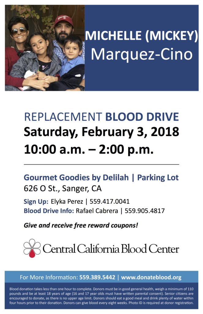 Michelle (Mickey) Marquez-Cino Replacement Blood Drive - The Sanger Scene